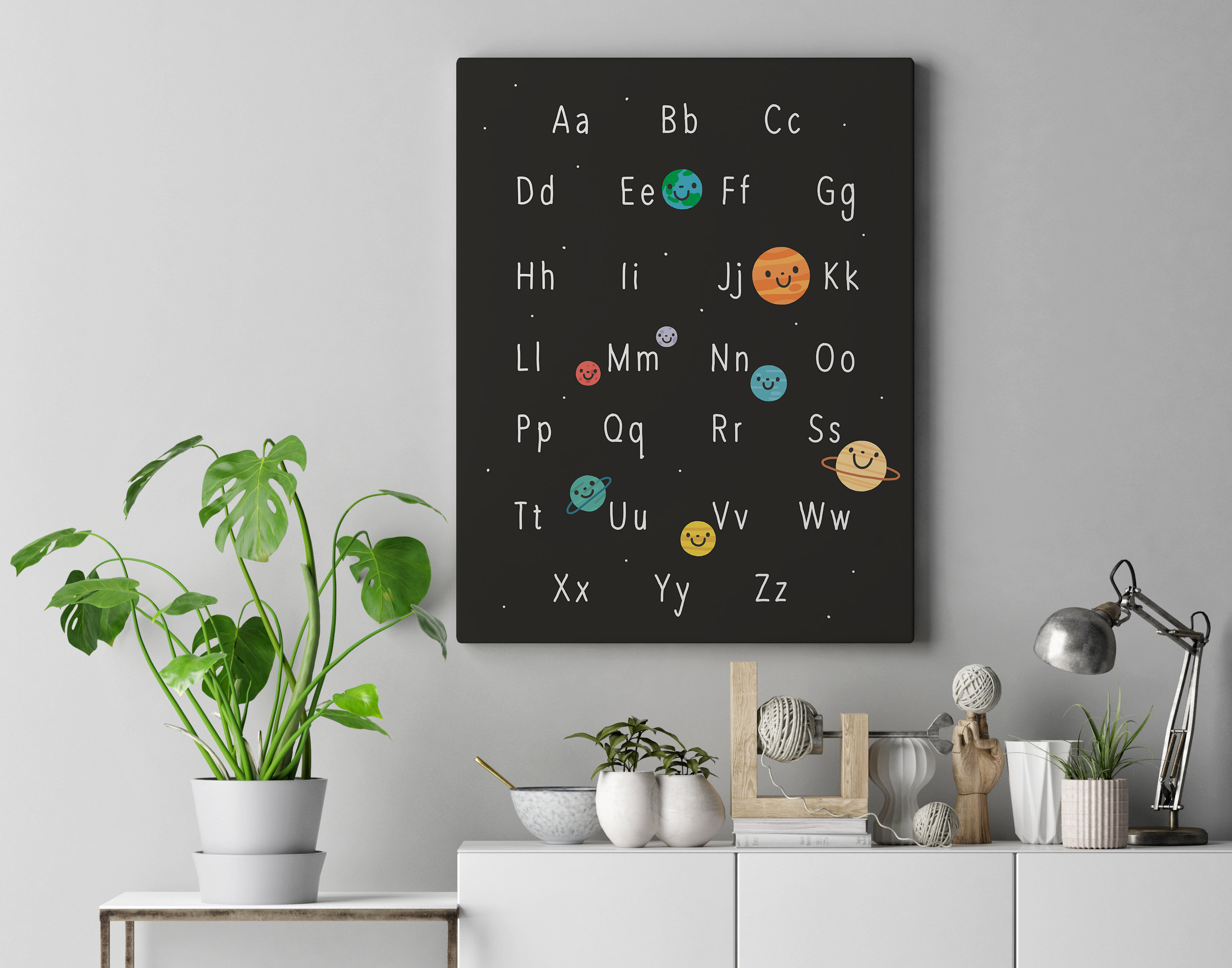 Espacio temático alfabeto impresión ABC pared con planetas niños ...