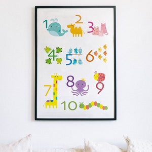 Animal Number Poster - Colorful Number Print - Nursery Wall Art - Kids ...