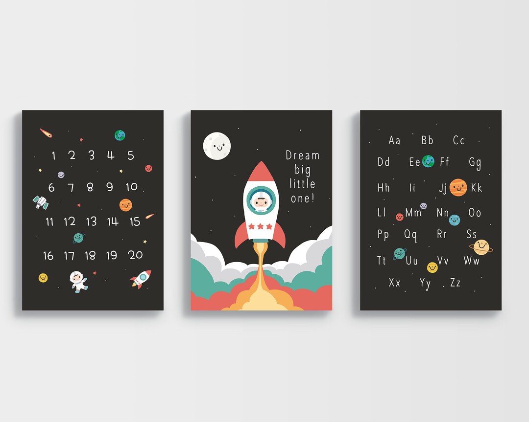 Space Wall Art Prints Set – Numbers, Rocket, Alphabet (printable) - Etsy