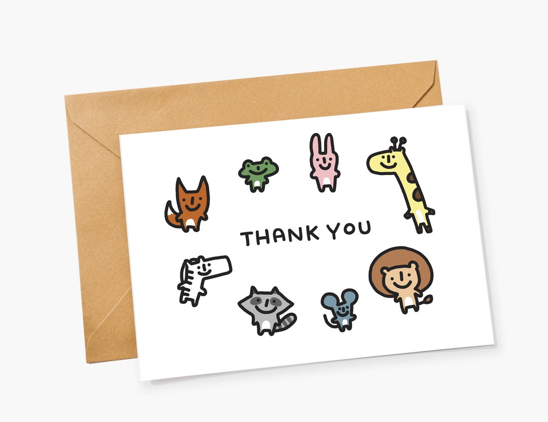 Cute Animals Thank You Card - Zoo Animals Thank You Card - Lion, Rabbit ...