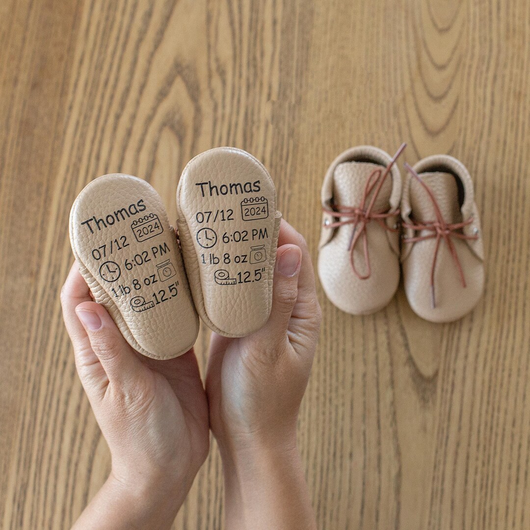 Personalized Baby Moccasins: Italian Leather Birth Stats, Newborn Gift ...