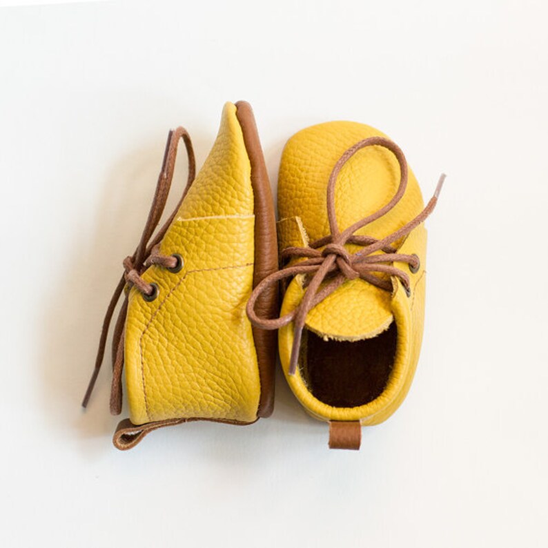 Italian Leather. Baby Yellow Leather Booties With Brown Sole Newborn ...