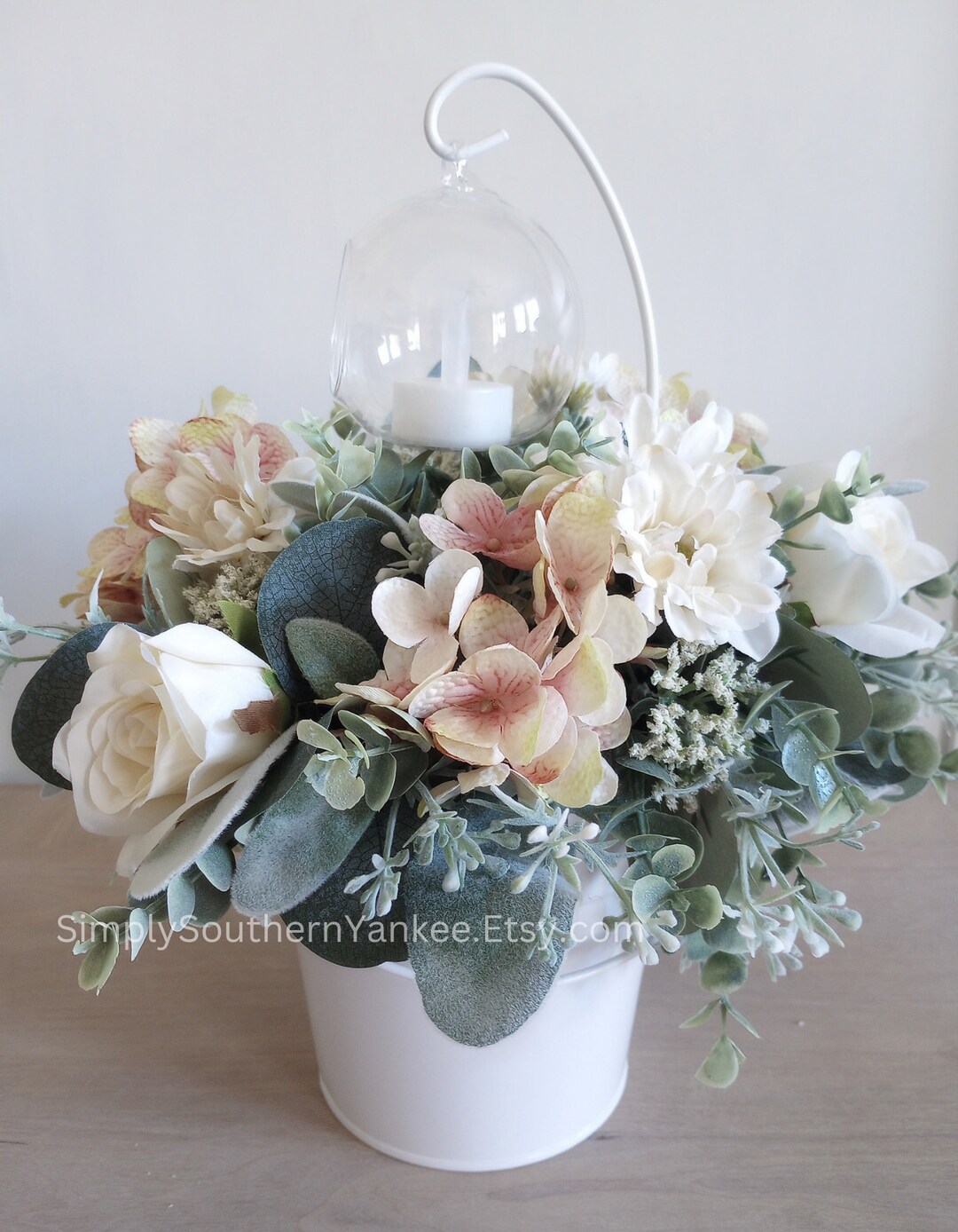 Cottage & Farmhouse Style Floral Arrangement Small White Bucket Floral ...