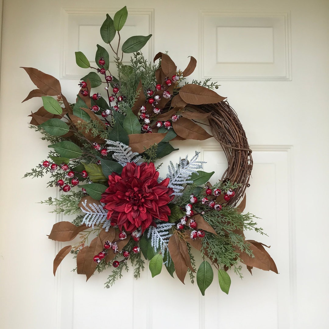 Boho Winter Wreath Red Dahlia Christmas Wreath Rustic Christmas Wreath ...