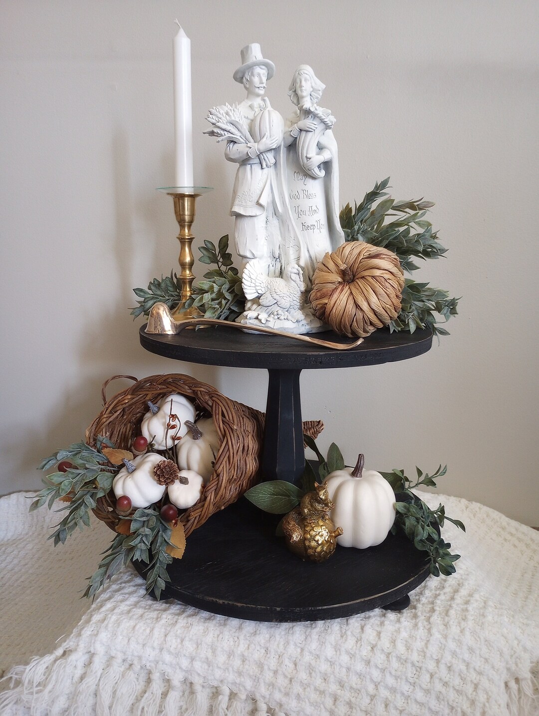 Black Wooden Two Tiered Stand With Distressed Finish | Primitive ...