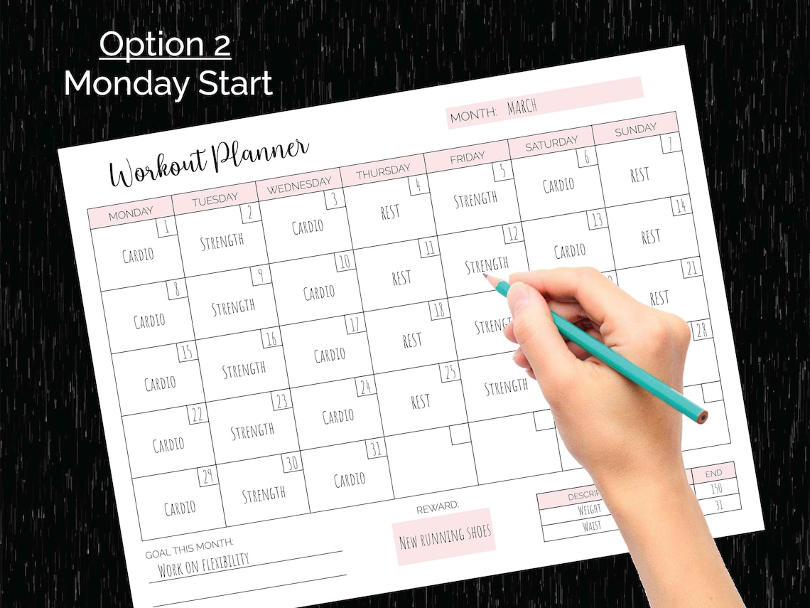 Monthly Workout Planner Calendar Printable, Sunday Monday Start, Cute ...