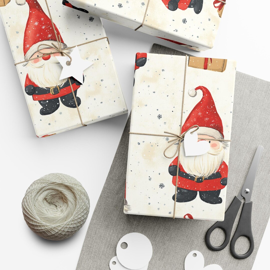 Christmas Wrapping Paper, Santa Gnome and Presents Holiday Gift Wrap ...