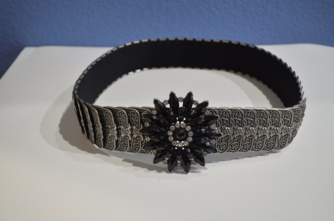 Metal Stretch Belt With Rhinestone and Black Beads Set in a Metal ...