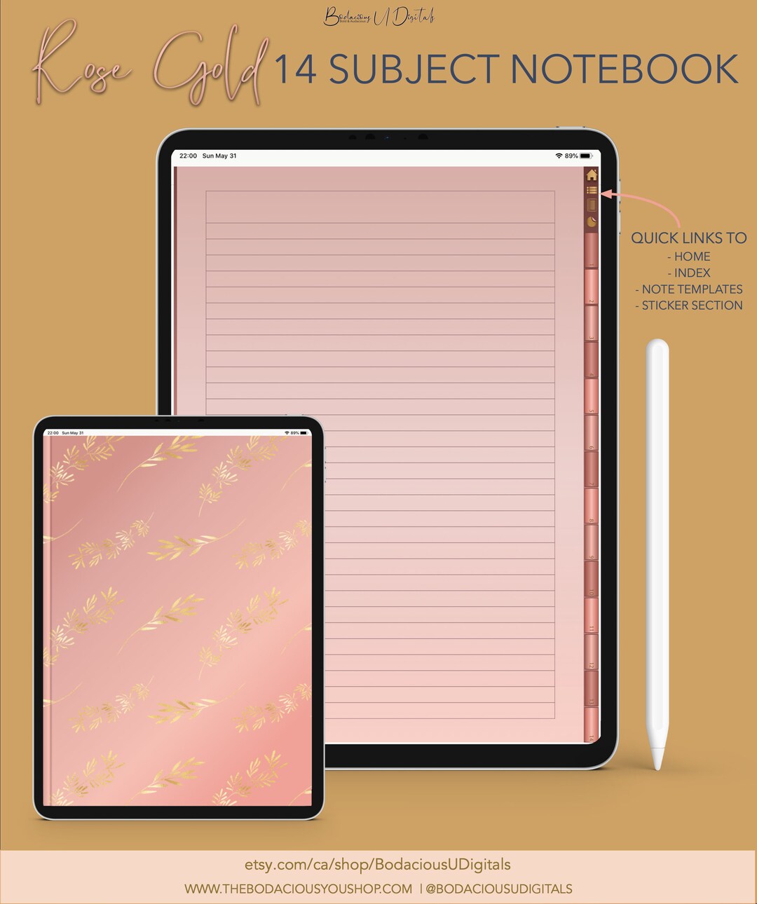 Rose Gold 14 Subject Portrait Digital Notebook With Tabs for Goodnotes ...