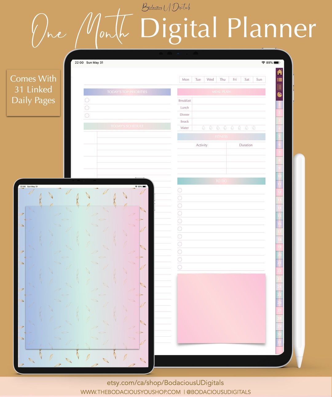 One Month Digital Planner for Goodnotes, Xodo With Stickers, Daily ...