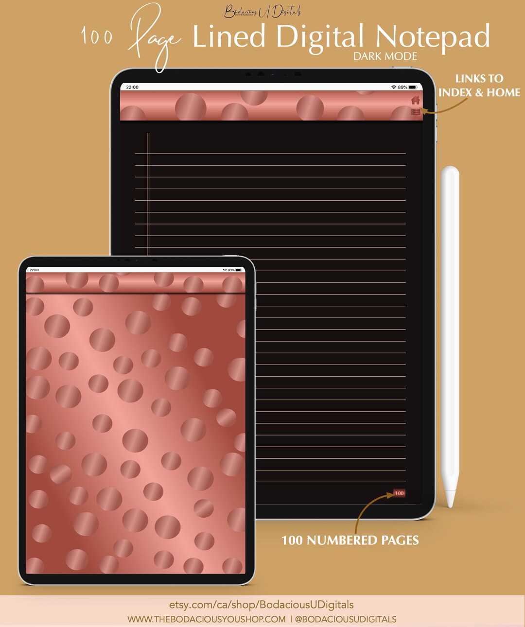 Dark Rose Gold Vertical Lined Digital Notepad, Hyperlinked Pages ...