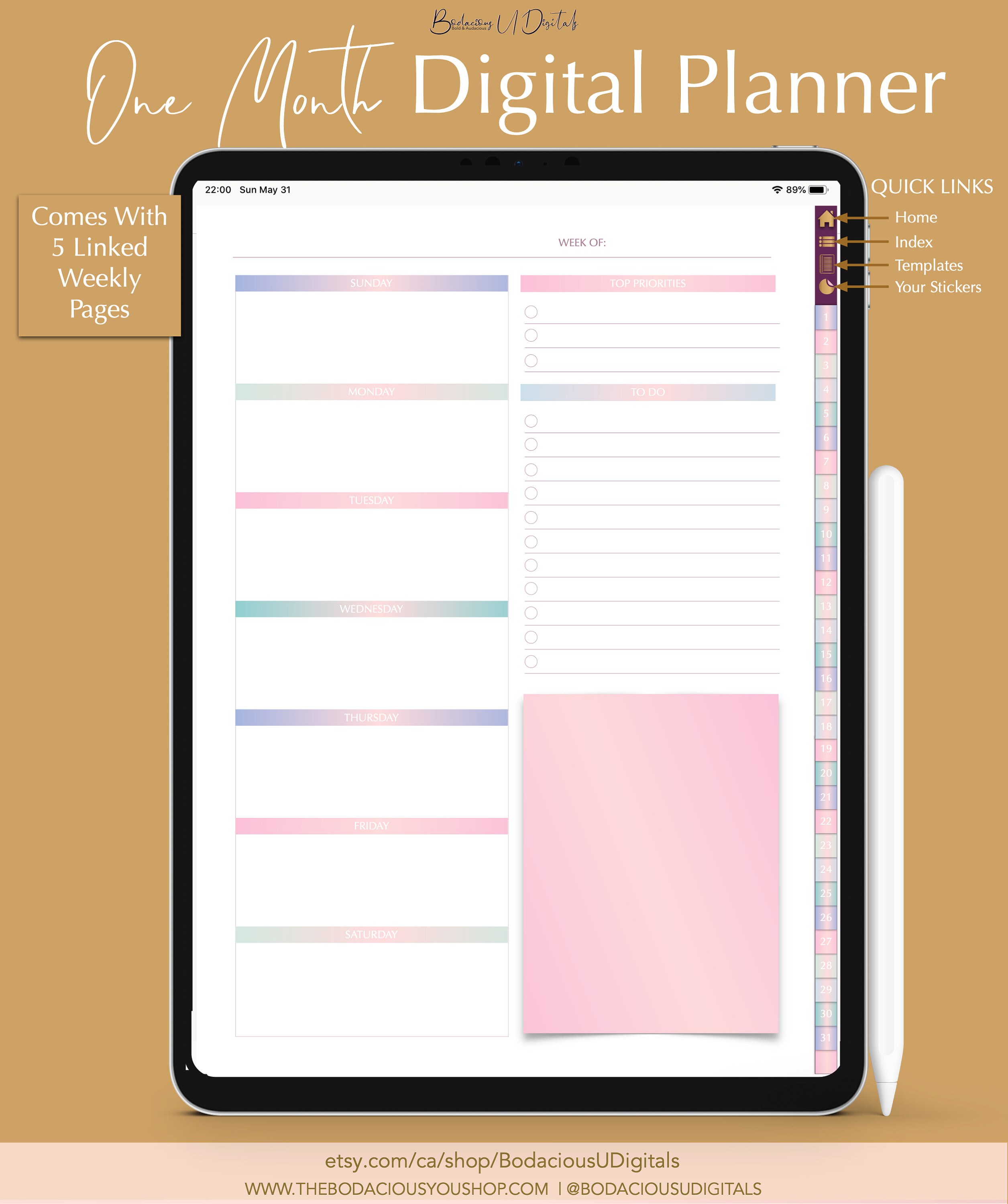 One Month Digital Planner for Goodnotes, Xodo With Stickers, Daily ...