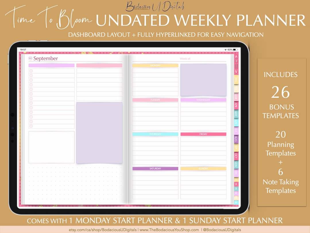 Undated Weekly Dashboard Digital Planner, Hyperlinked Landscape ...