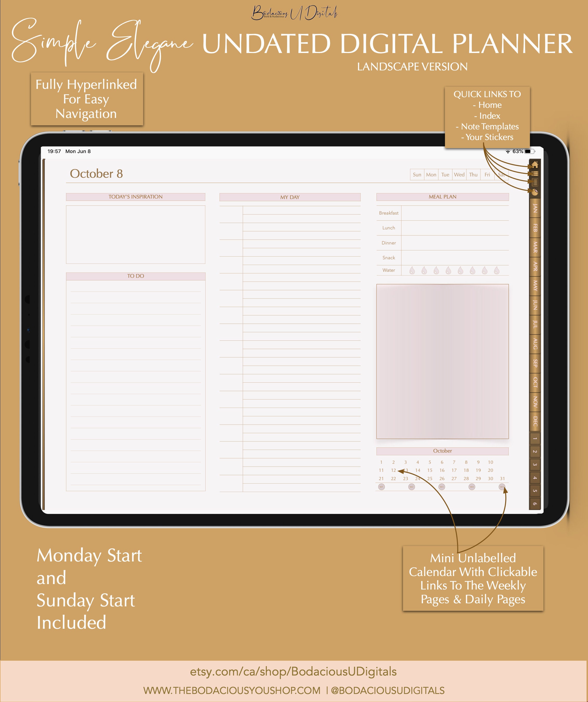 Undated Landscape Digital Planner for Goodnotes, Xodo, Notability, iPad ...