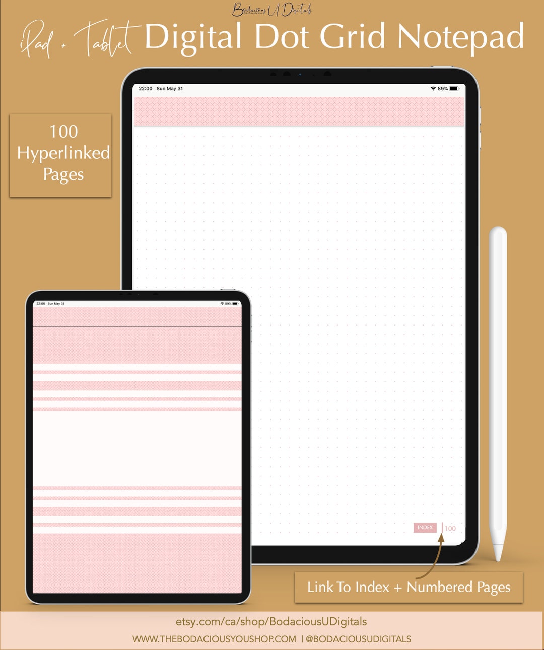 Pink Dot Grid Digital Notepad, 100 Hyperlinked Pages, Digital Notebook ...