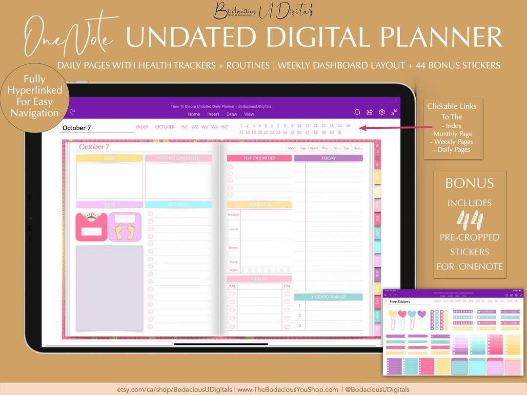 Undated Onenote Digital Planner, Daily Layout With Health Trackers ...