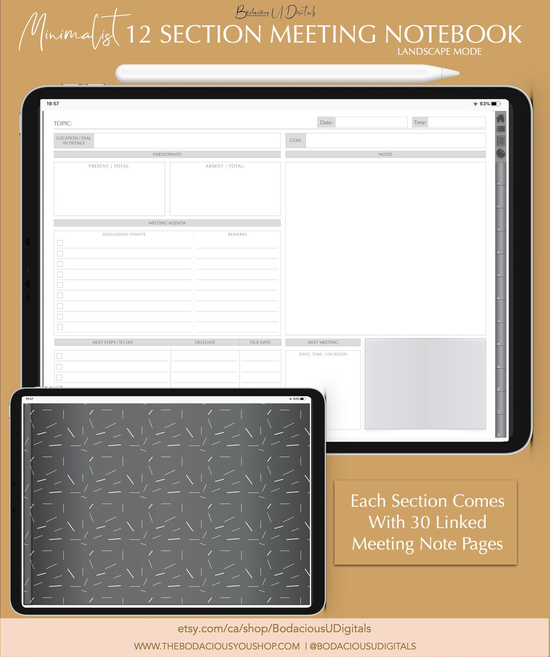 Minimalist Digital Meeting Notebook, 12 Sections Landscape Notebook for ...