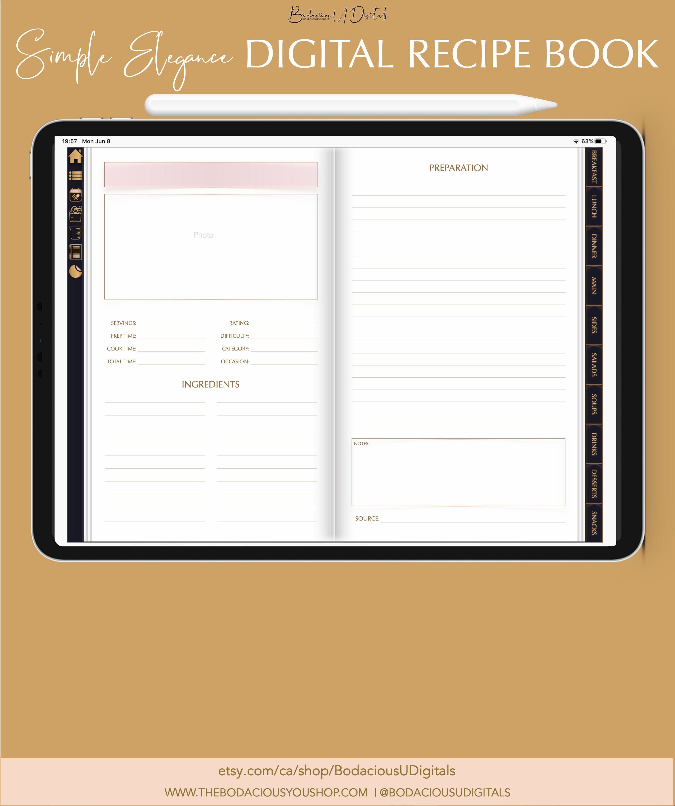 Simple Elegance Digital Recipe Book by BodaciousUDigitals | Etsy