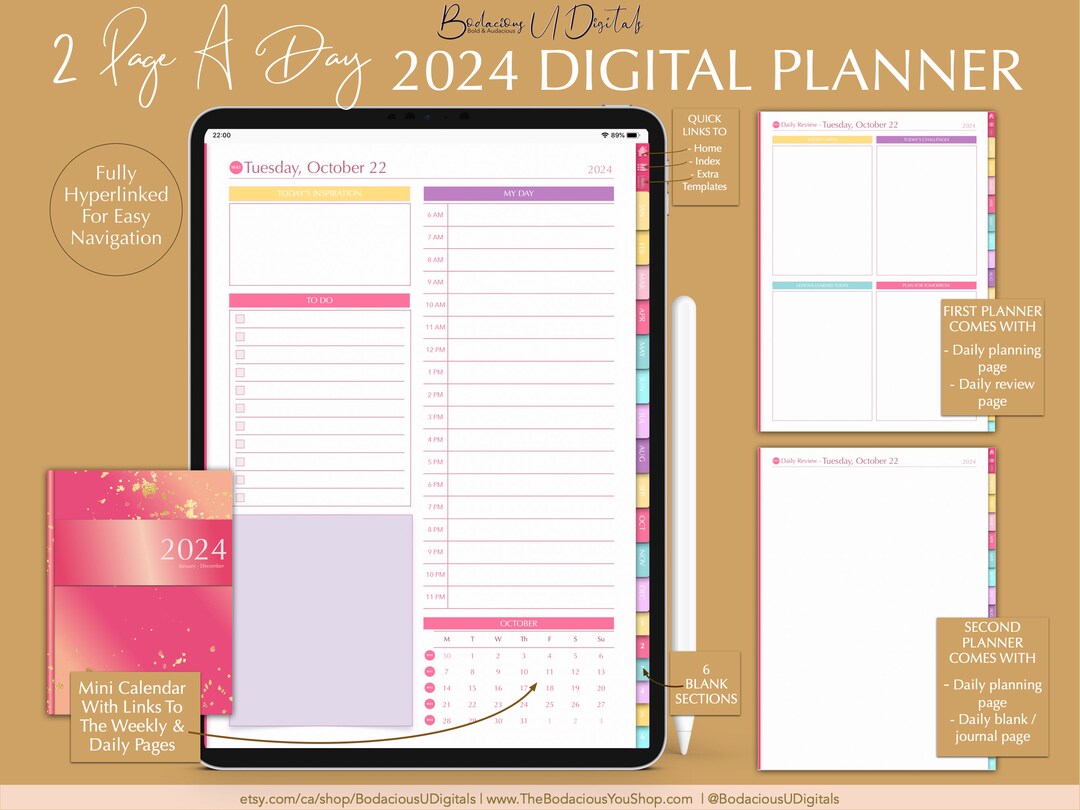 2024 Digital Planner, 2 Page per Day Colourful Portrait Planner, Daily ...