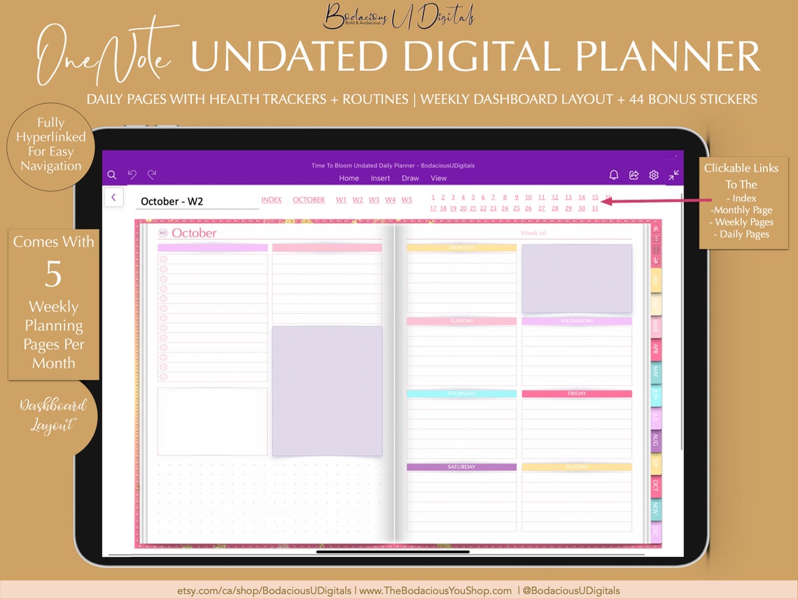 Undated Onenote Digital Planner, Daily Layout With Health Trackers ...