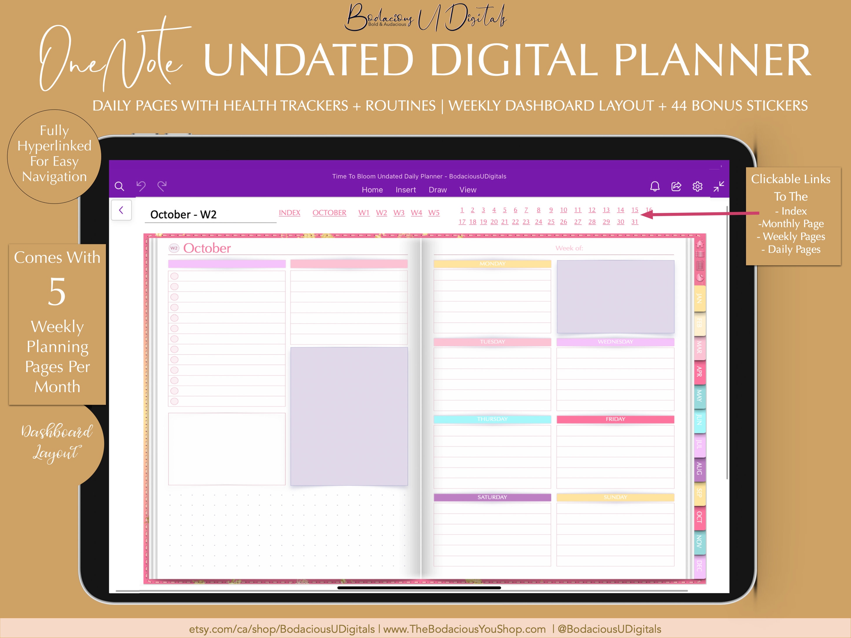 Undated Onenote Digital Planner, Daily Layout With Health Trackers ...