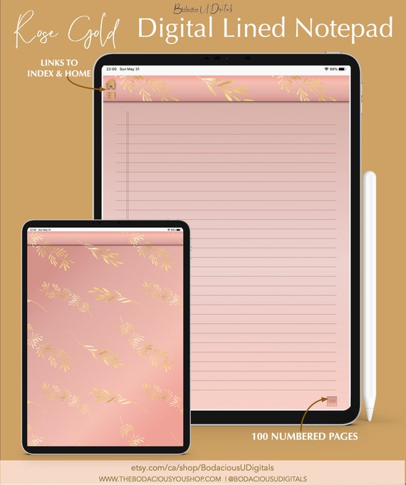 Rose Gold Vertical Lined Digital Notepad HyperLinked Pages l | Etsy