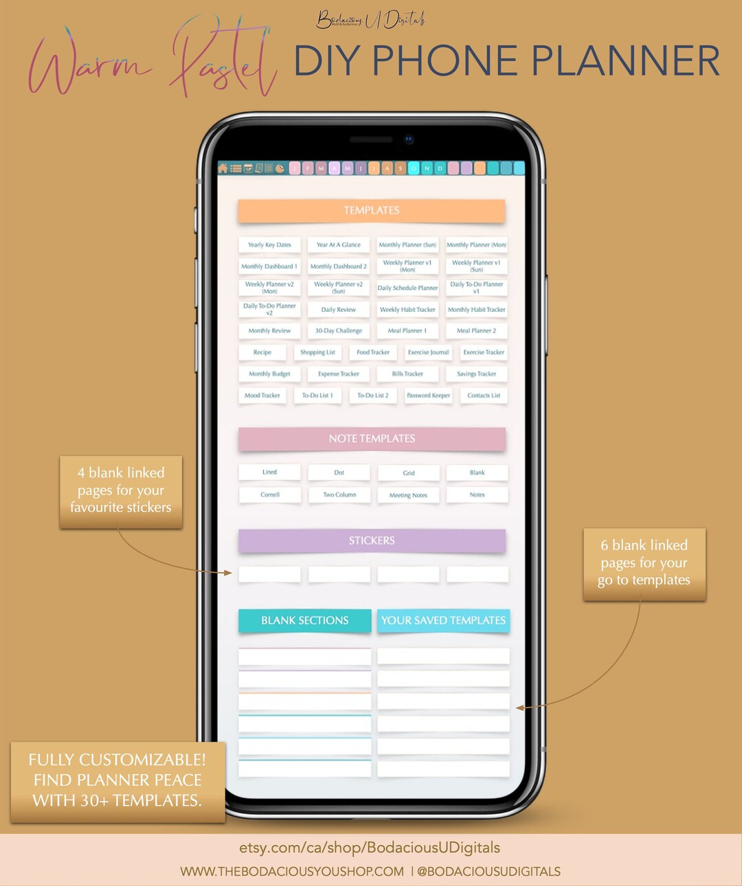 Warm Pastel DIY Phone Planner With Stickers, for iPhone + Samsung With ...