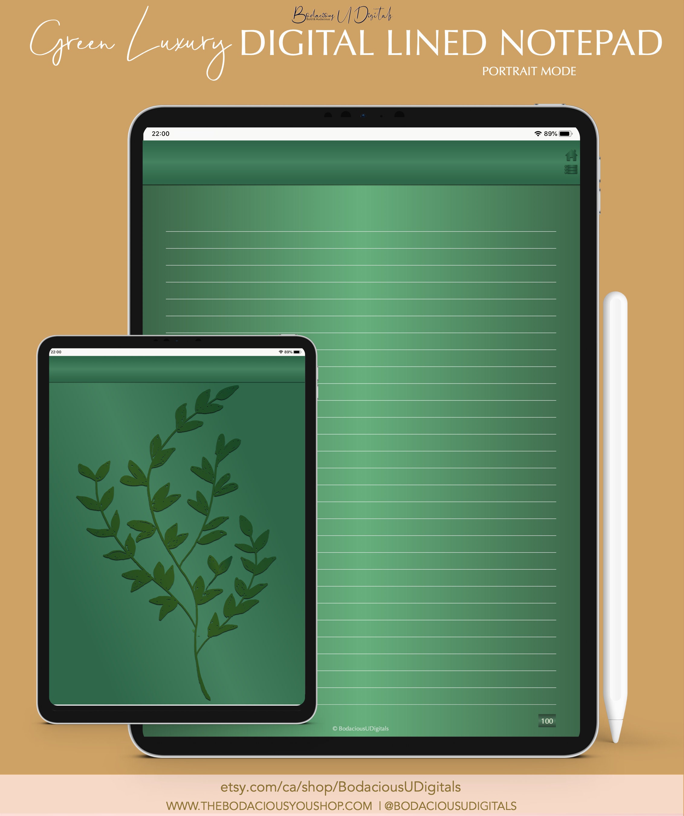 Green Luxury Vertical Lined Digital Notepad, Portrait Journal, Notepad ...