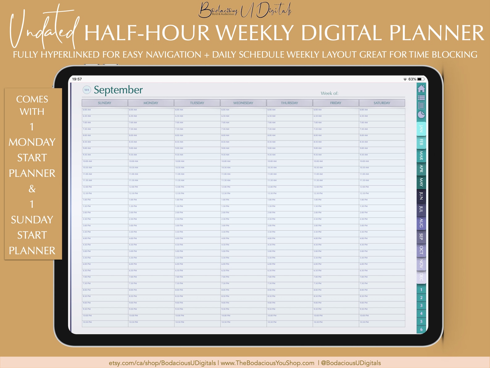 Undated Weekly Digital Planner, Hyperlinked Landscape Weekly Planner ...