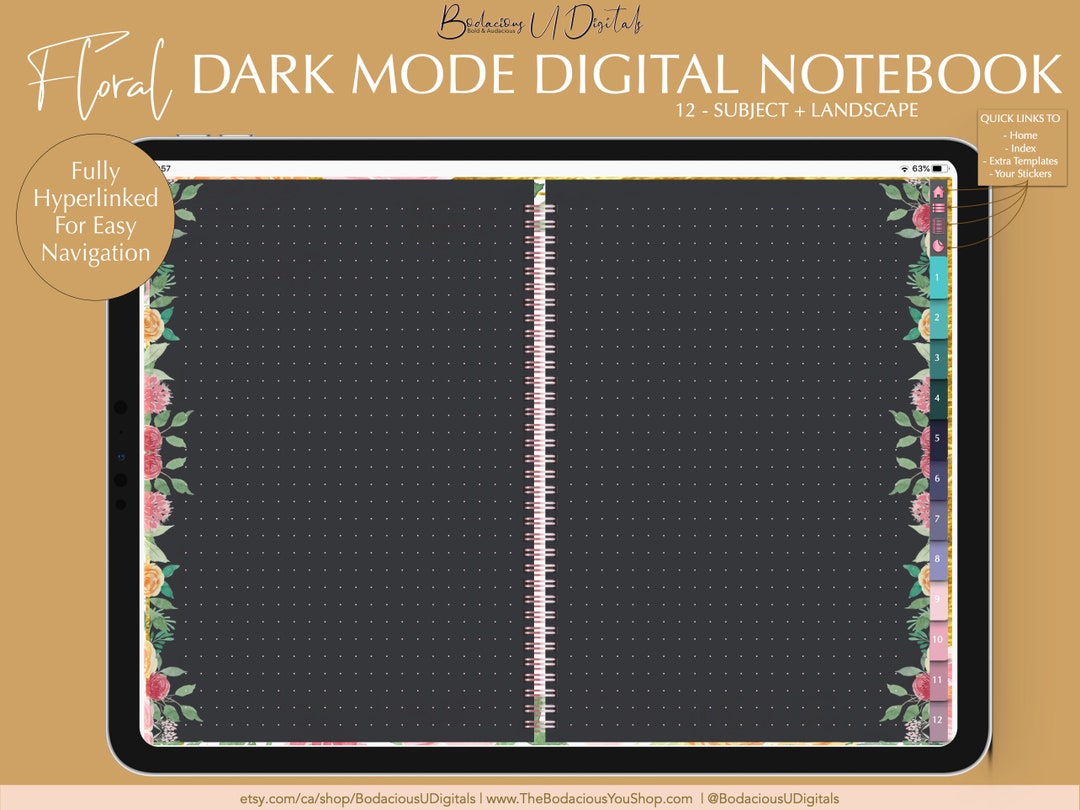 Dark Mode Floral Digital Notebook, 12 Subject Digital Student Notepad ...