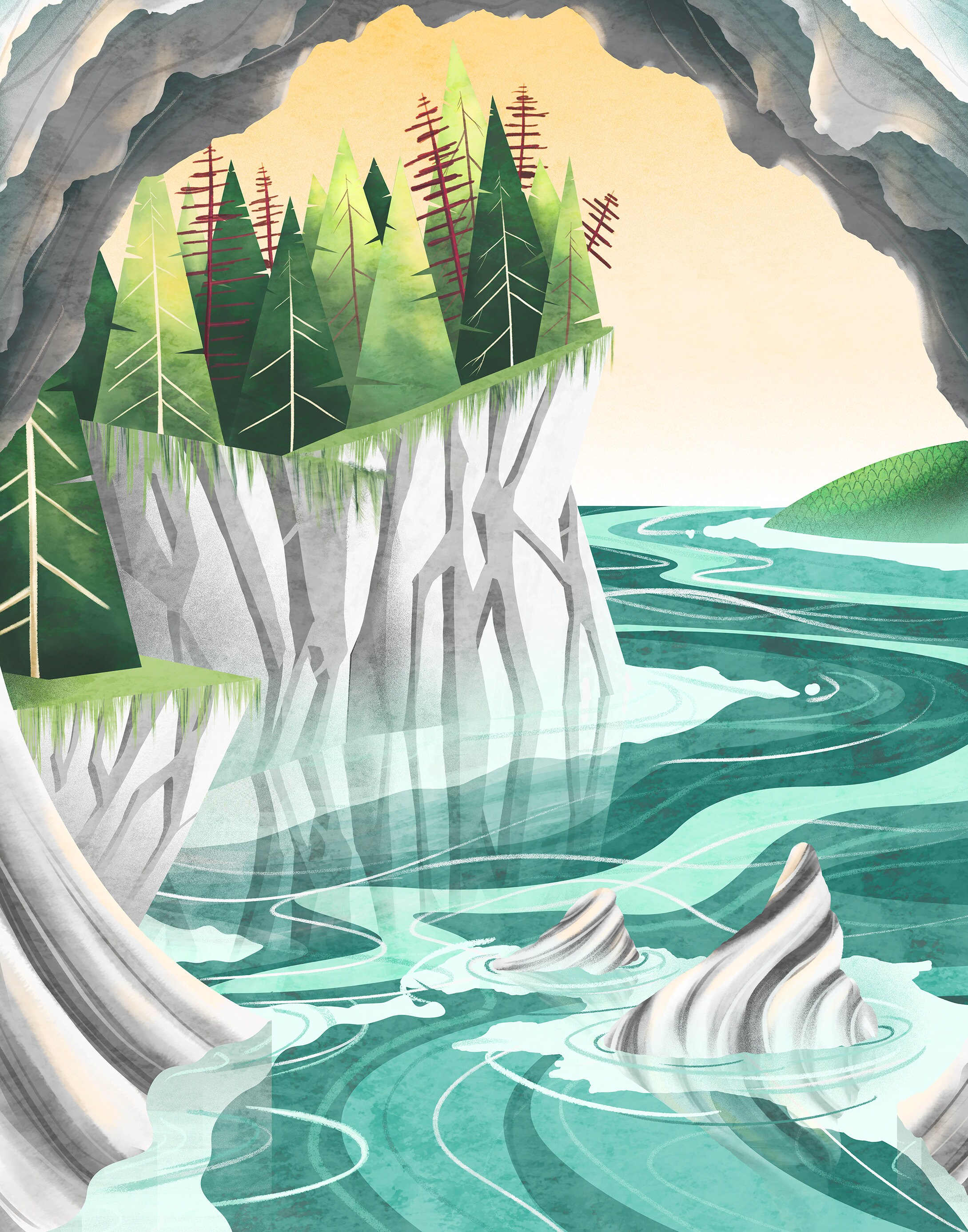 Nature Art Print | Tree Cliff Painting | Ocean Print | Cliffs Over ...