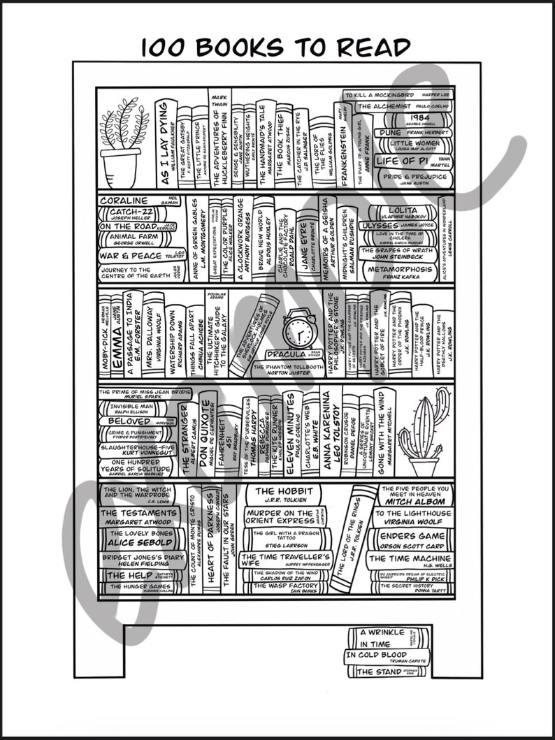 100 Books to Read Template Bullet Journal Style Colour In - Etsy
