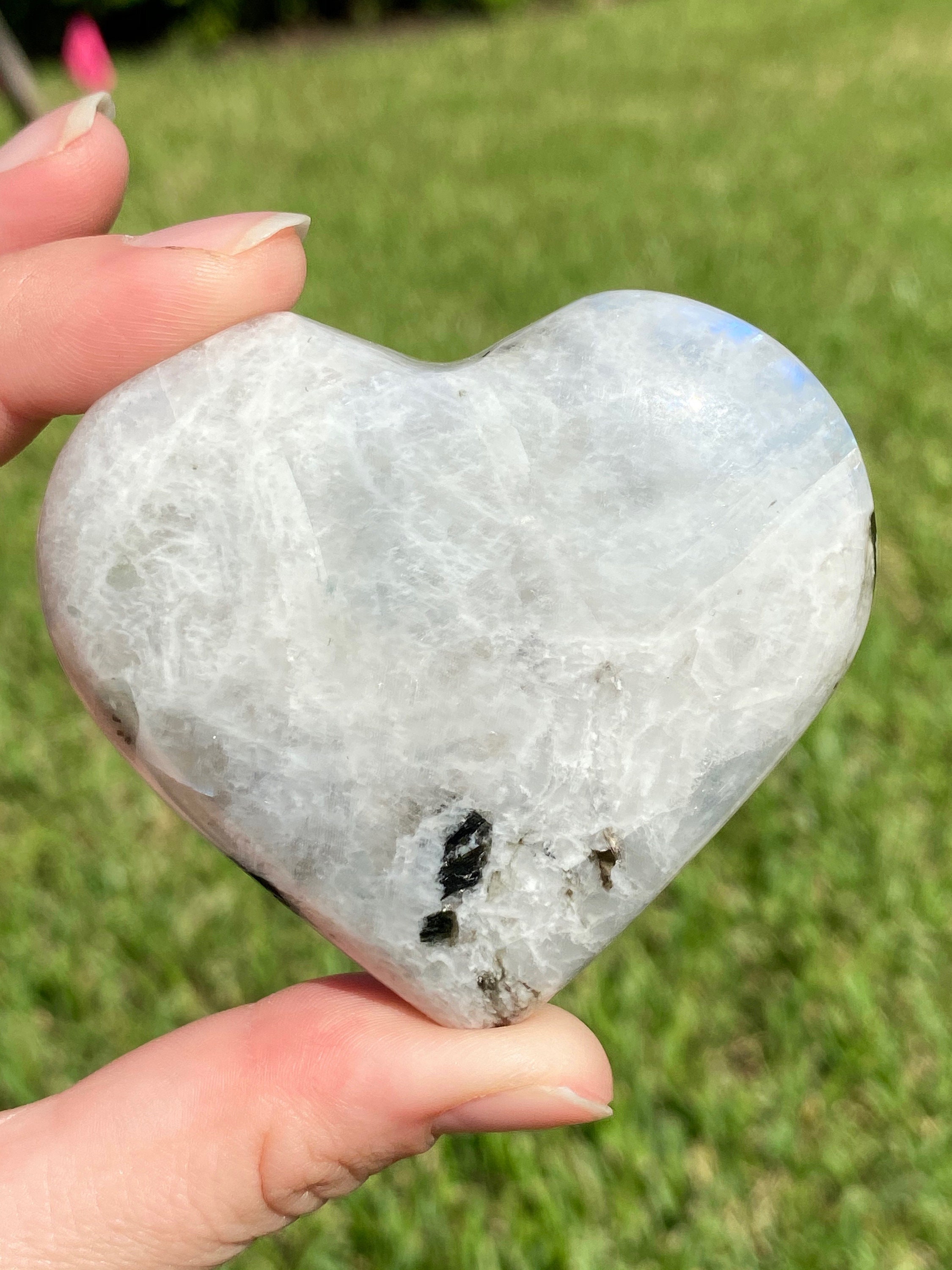 ONE Flashy Rainbow Moonstone Polished Heart Palm Stone With Black ...