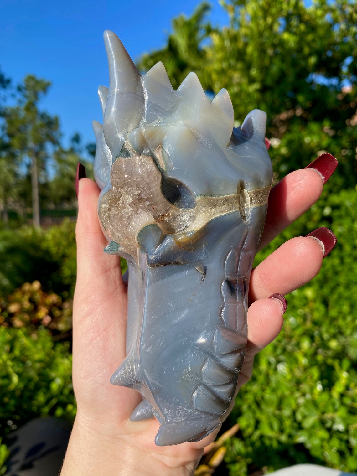 Large Hand Carved Polished Agate Dragon Head with Quartz | Etsy
