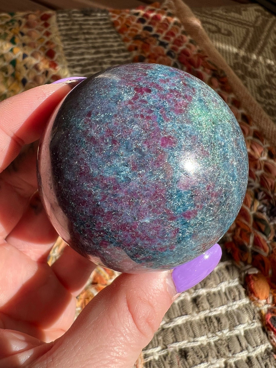 Polished 2.5" Ruby Fuchsite in Kyanite Crystal Sphere (stand Included ...