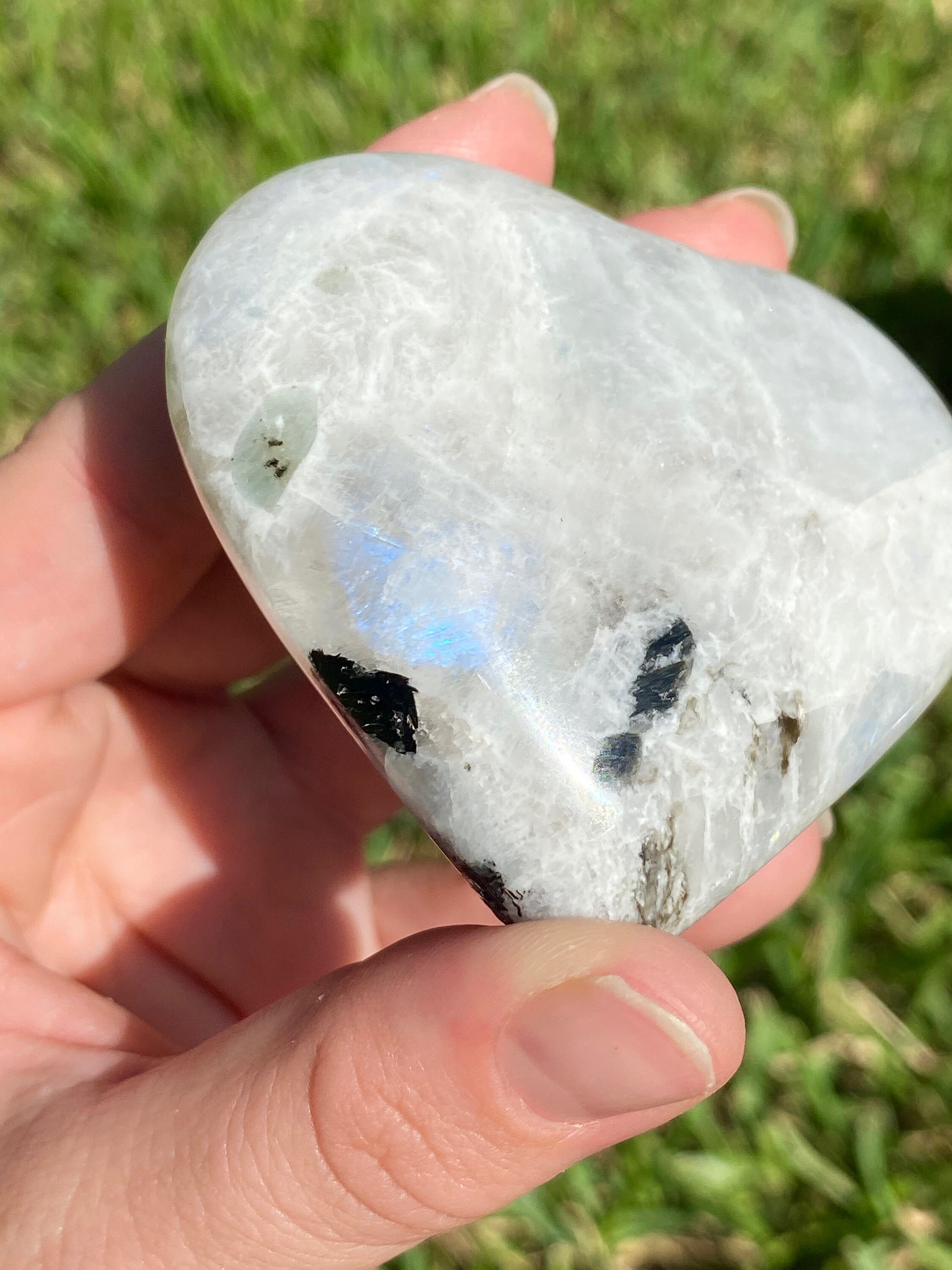 ONE Flashy Rainbow Moonstone Polished Heart Palm Stone With Black ...