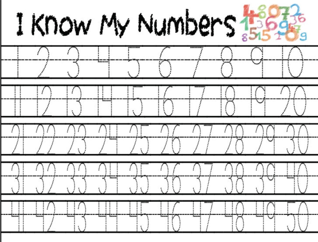 Tracing Numbers Printable Worksheet 1-50 Preschool Kindergarten - Etsy