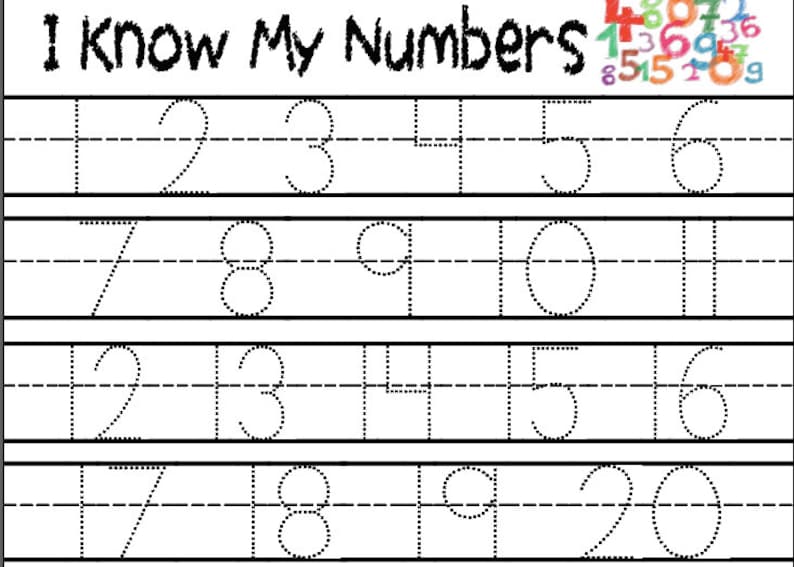 Tracing Numbers Printable Worksheet 1-20 Preschool Kindergarten - Etsy