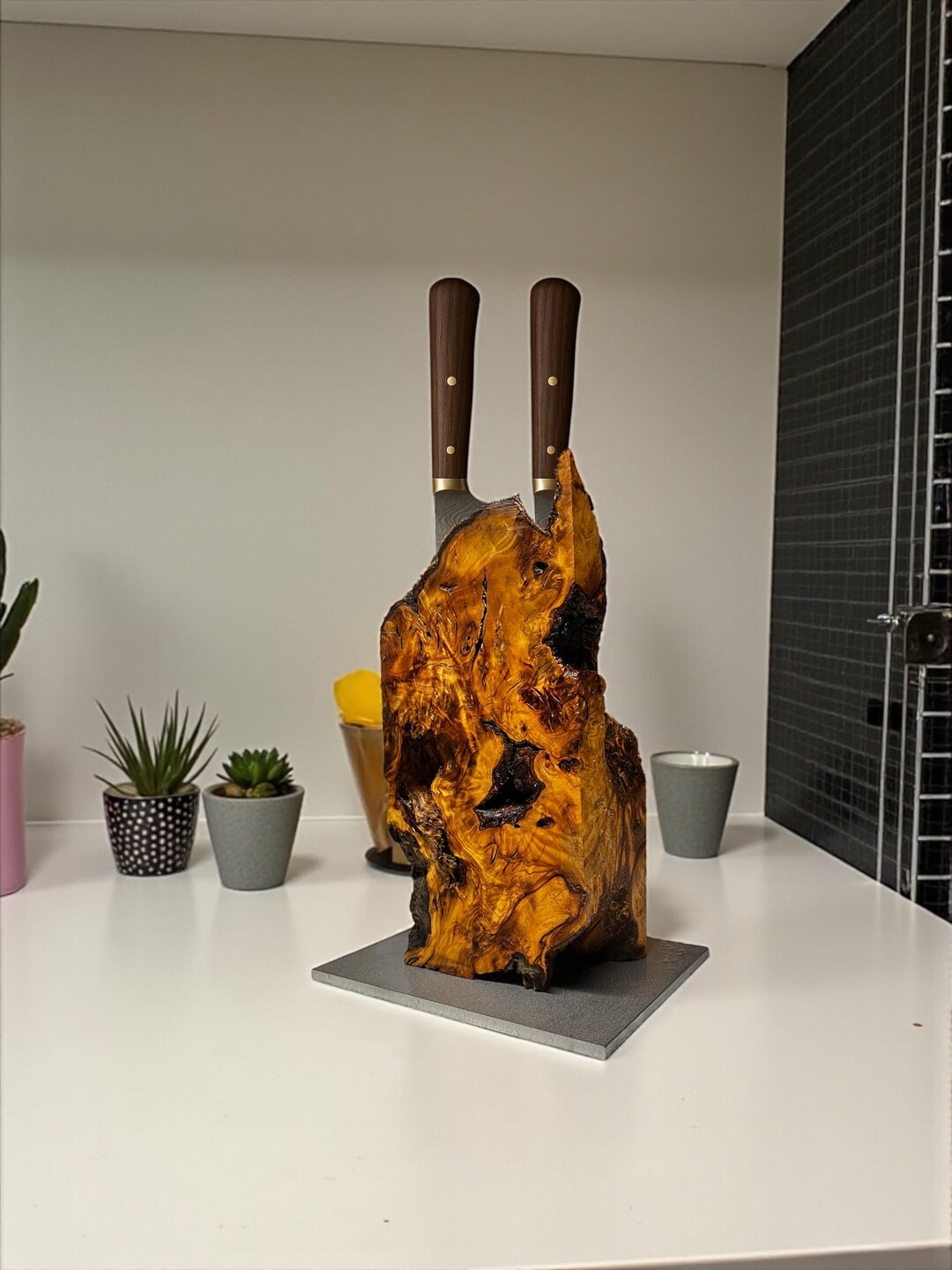 Handmade Olive Wood Knife Block | 2 Knives | Unique Wooden Knife Holder ...