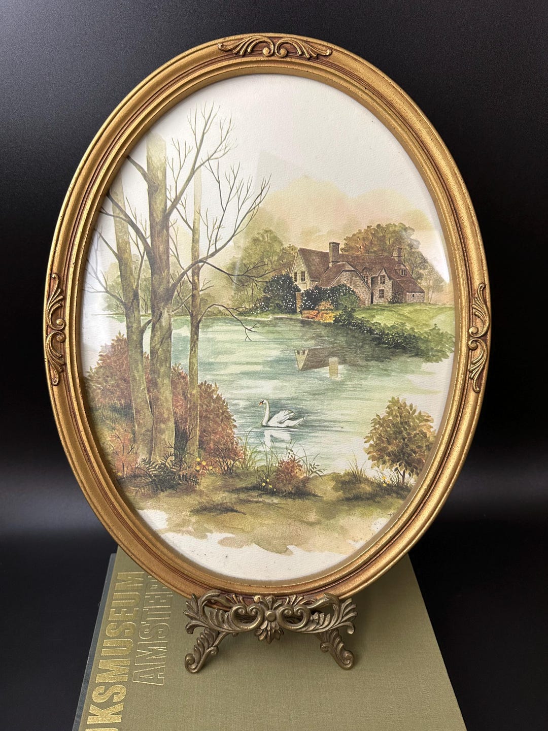 Vintage Homco Oval Watercolor Print F. Nassa 17''x13'' Cottage Pond ...