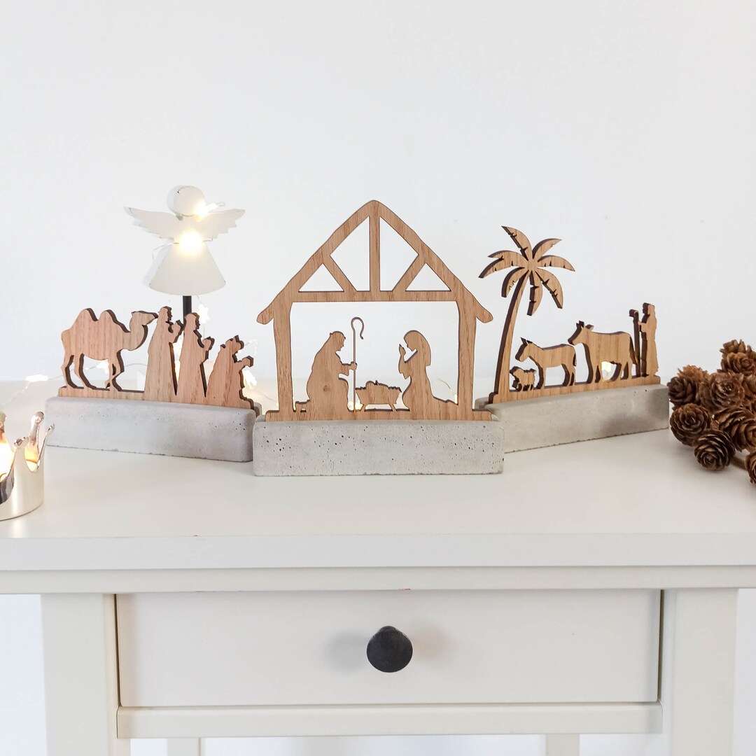Nativity Scene Stand, 3 Parts Oak Wood Concrete Base for Advent ...