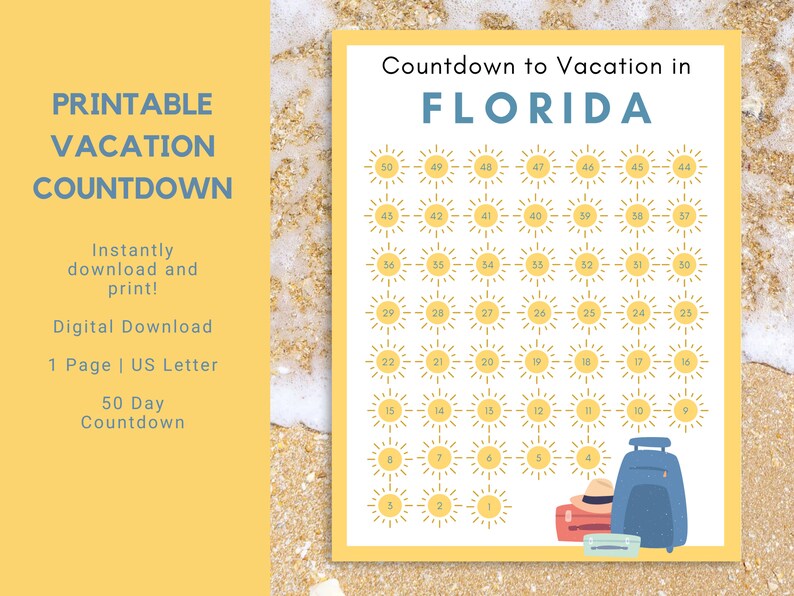 Printable Florida Vacation 50 Day Countdown | 8.5x11 INSTANT DOWNLOAD ...