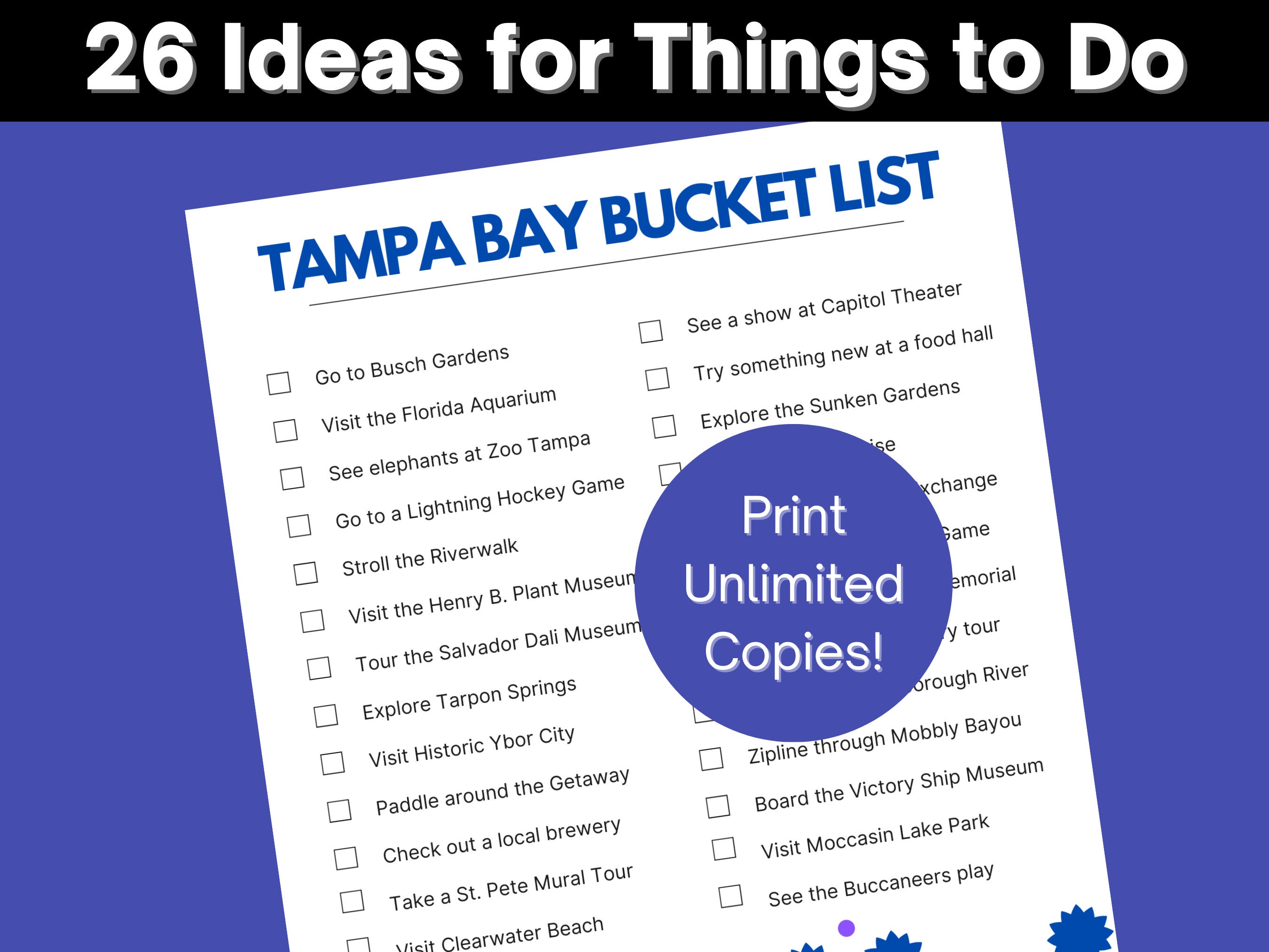Printable Tampa Bay, Florida Bucket List 8.5x11 INSTANT DOWNLOAD - Etsy