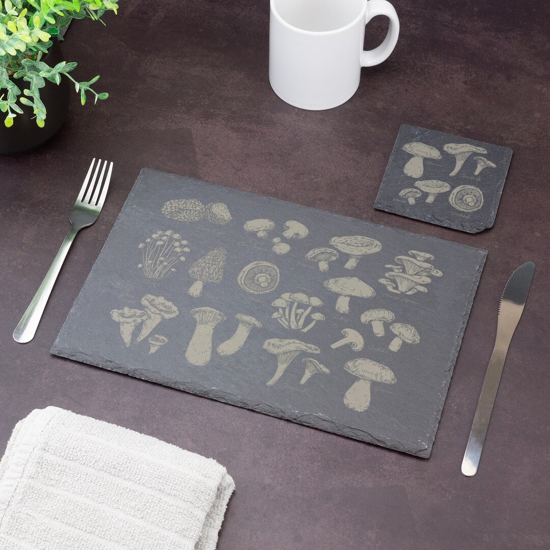 Mushroom Slate Placemat & Coaster Set Laser Engraved Shabby Chic ...