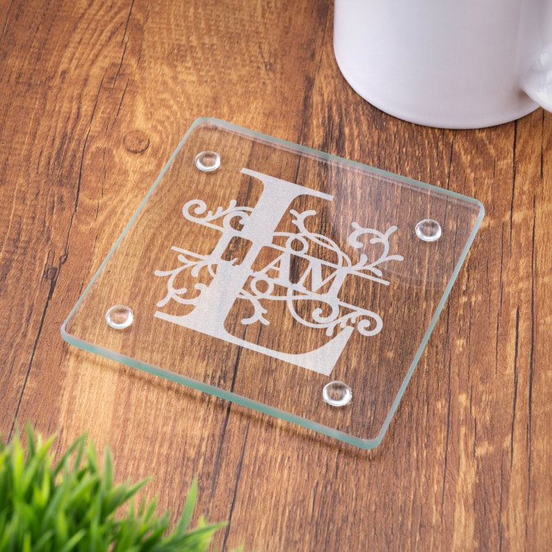 Glass Coaster, Personalised Initial Letter & Name, Laser Engraved Gift ...