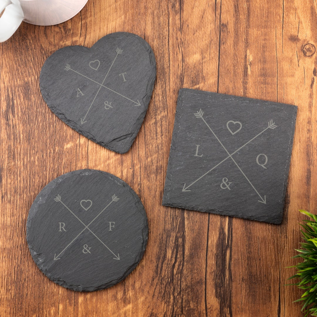Slate Coaster, Personalised Couples Arrow Hearts Your Text Here Laser ...