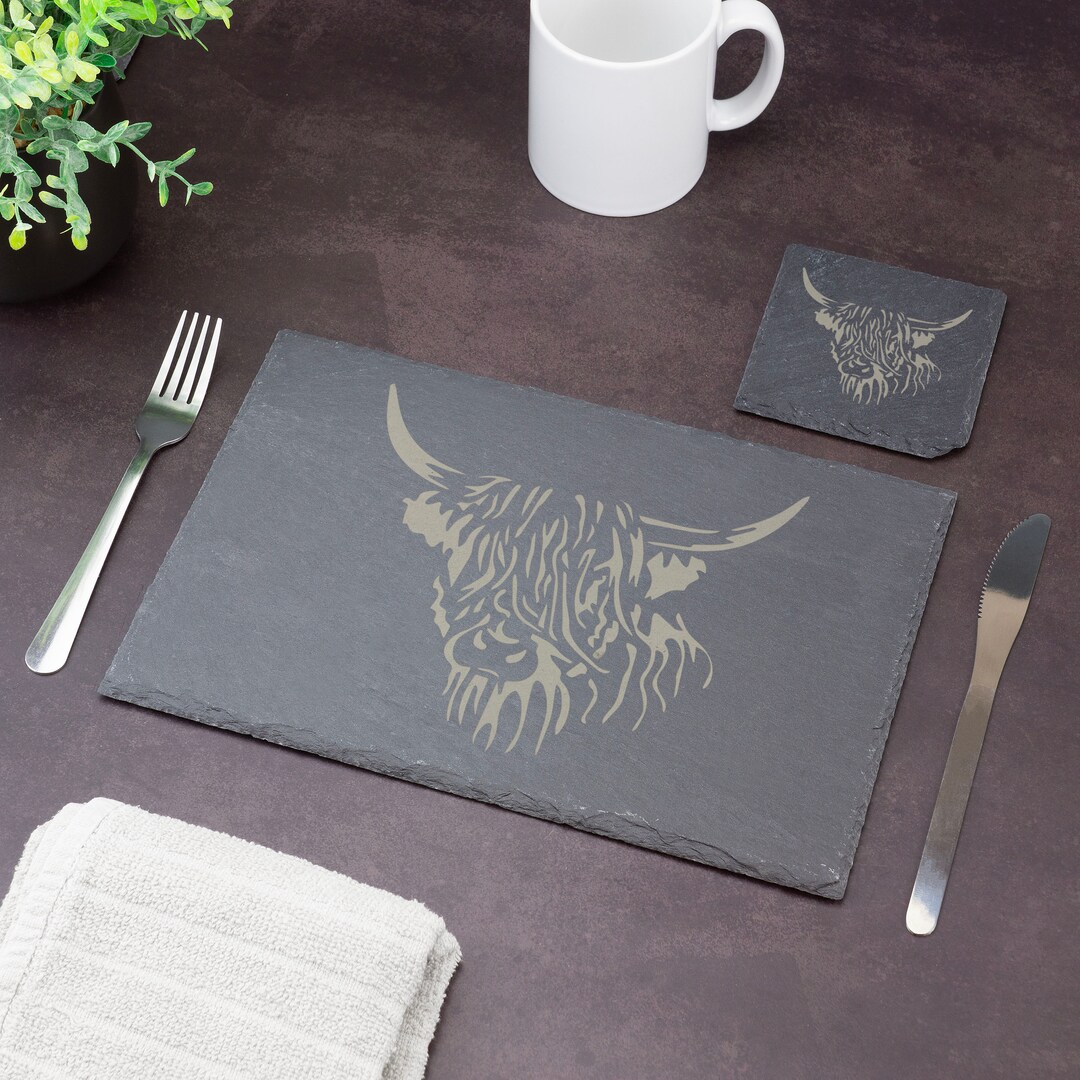 Slate Placemat & Coaster Set Highland Cow Laser Engraved Scotland ...