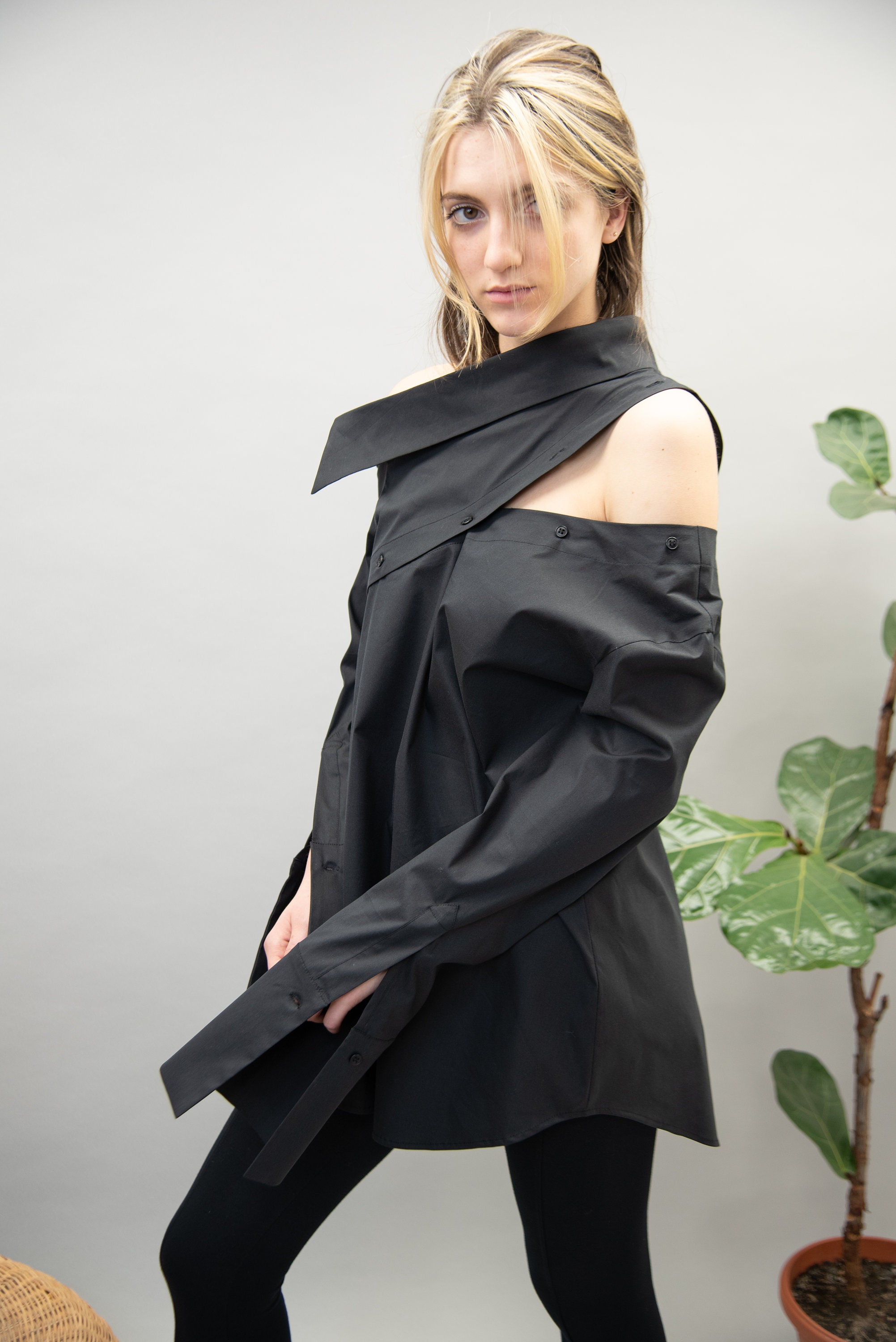 Black Convertible Shirtopen Shoulder Shirtdetachable - Etsy