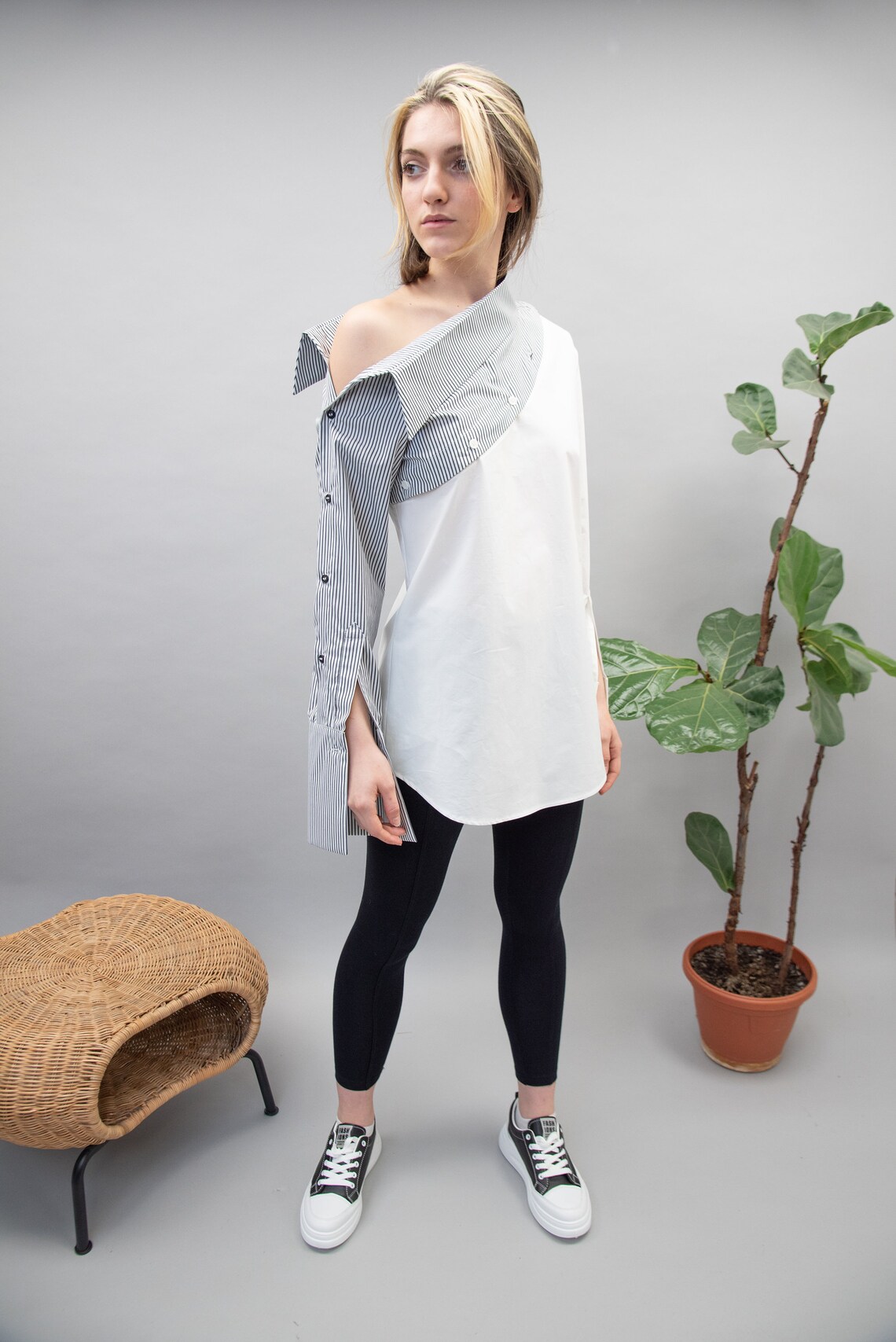 Stripe/white Convertible Shirt,open Shoulder Shirt,detachable Shirt ...