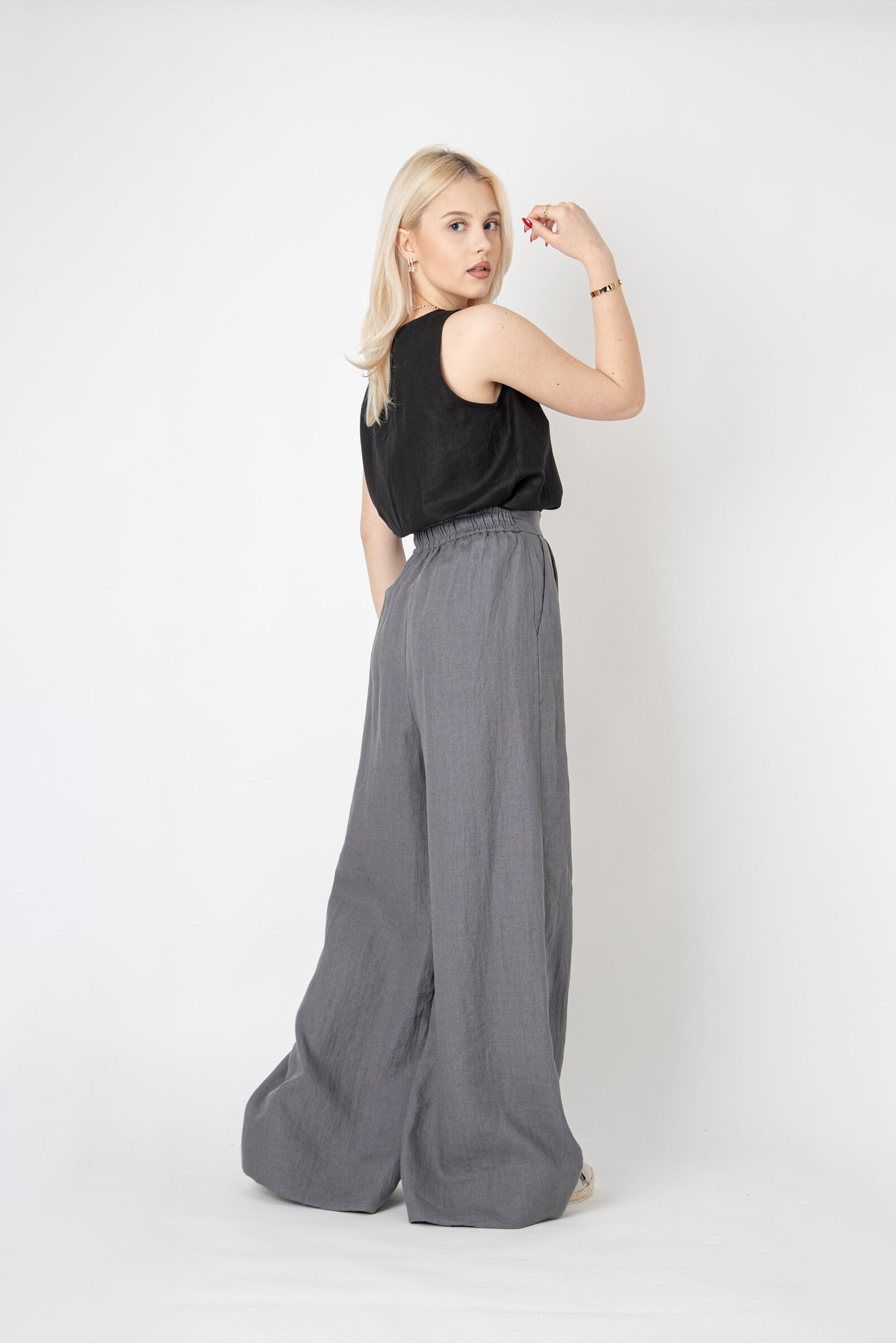 Wide Leg Grey Linen Pants/loose Pants/palazzo Pants/high Waist - Etsy